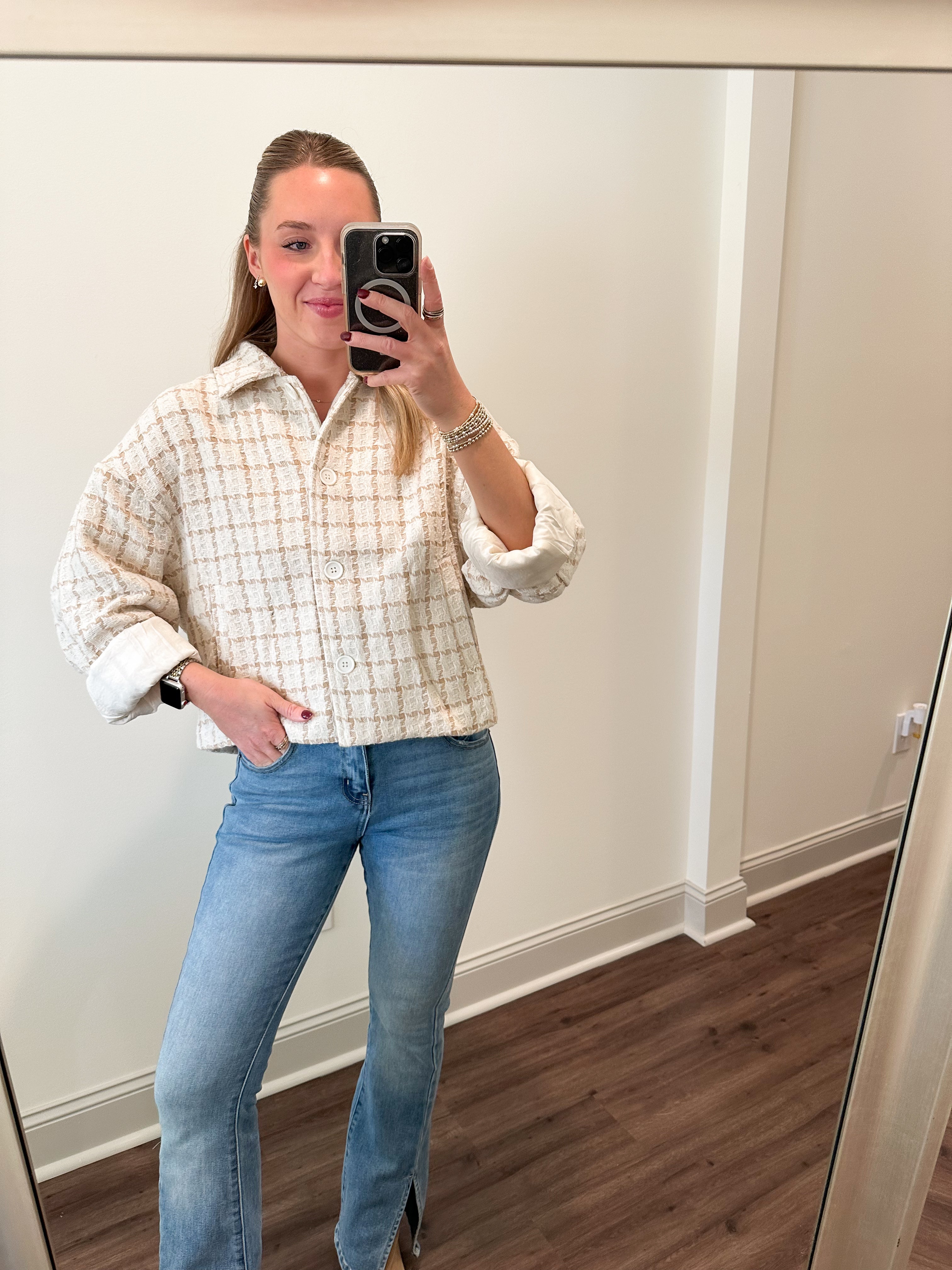 Tweed Plaid Jacket- Cream – 128